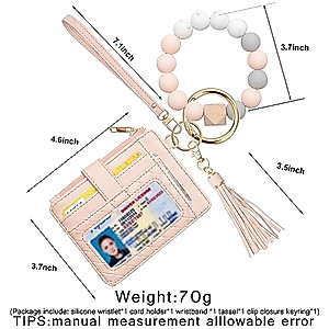 COOLANS Wristlet Bracelet Keychain Pocket Credit Card Holder Purse Tassel Keychain Bangle Key Ring for Women (Silicone Bead Bracelet+Card Purse (Pink))