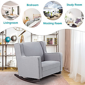 Esright Nursey Rocking Chair, Extra Wide Wingback Tufted Upholstered Chair, Baby Rocker for Nursery Comfortable Relax Glider Chair and A Half, Light Grey