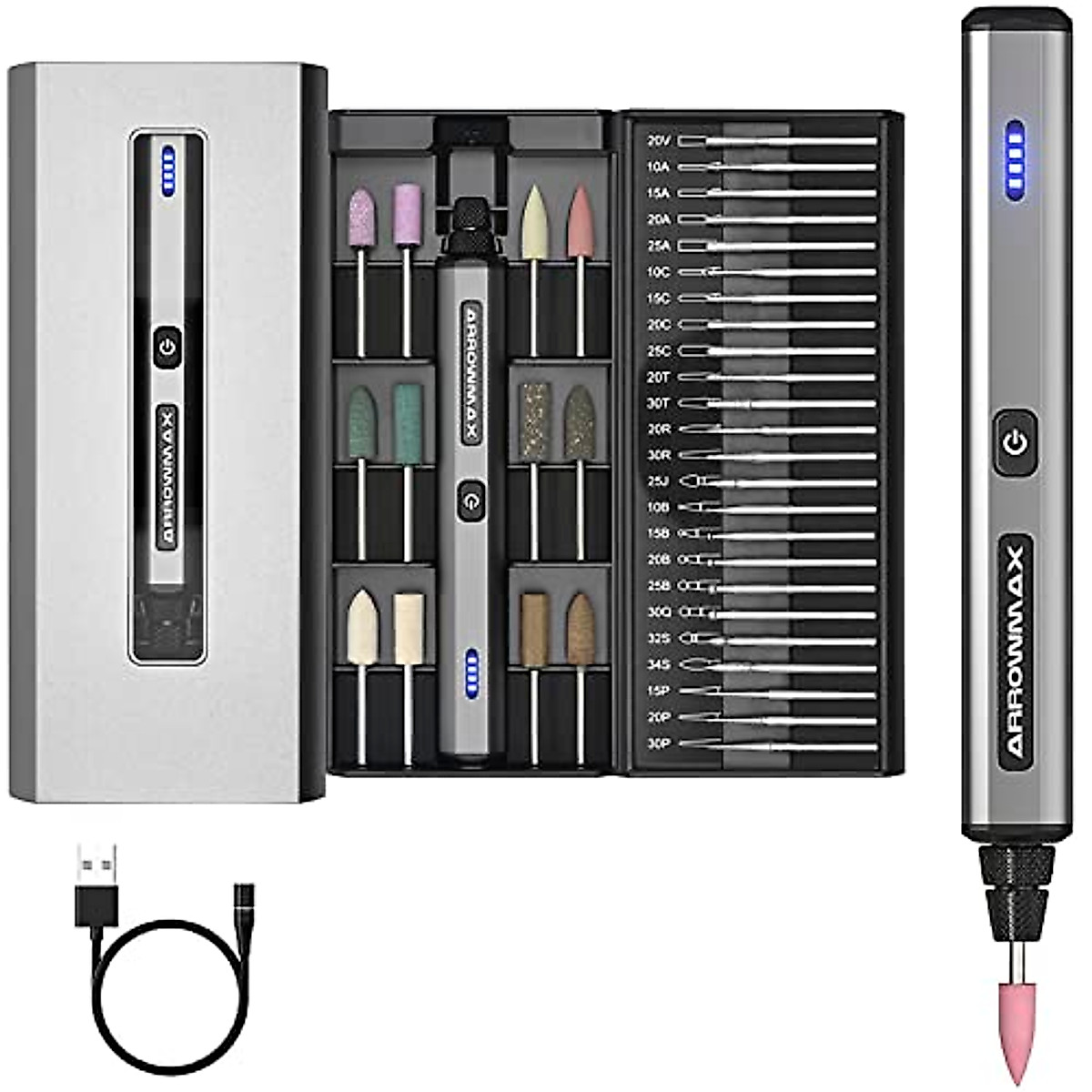 ARROWMAX Mini Cordless Engraving Pen, Polishing Pen with Aluminum Case, 36 Bits, Bluetooth, APP, Wireless Magnetic Charge, Cordless Engraving Machine for Jewelry, Wood ,Carving (SGS MINI)