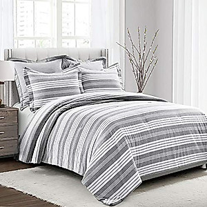 Lush Decor Gray and White Farmhouse Recycled Yarn-Dyed Cotton Stripe 5-Piece Comforter Set (King)