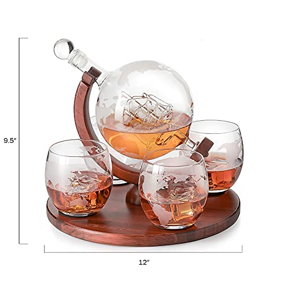 Etched World Decanter whiskey Globe - The Wine Savant Whiskey Gift Set Globe Decanter 750 ml with Antique Ship, Whiskey Stones and 4 World Map 10oz Glasses, Great Gift - Alcohol Related Gift, HOME BAR