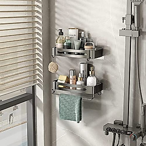 Mustorn Shower Shelves Adhesive Shower Caddy Gray Shower Organizer 2 Pack Shower Rack Rustproof Bathroom Shelf with Towel Bar and Removable Hooks