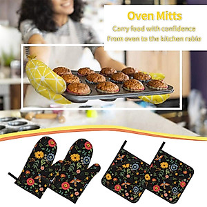 Colorful Floral Birds Oven Mitts and Pot Holders Sets of 4,Non-Slip Heat Resistant Oven Gloves for Baking Cooking Grilling BBQ
