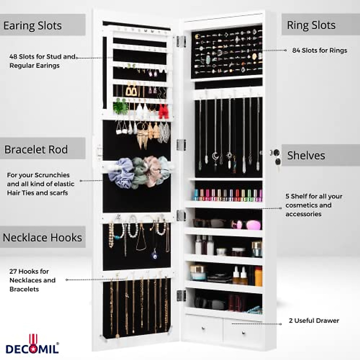 DECOMIL Lockable Jewelry Cabinet with Mirror and LED Lights, Jewelry Armoire with Hanger, White