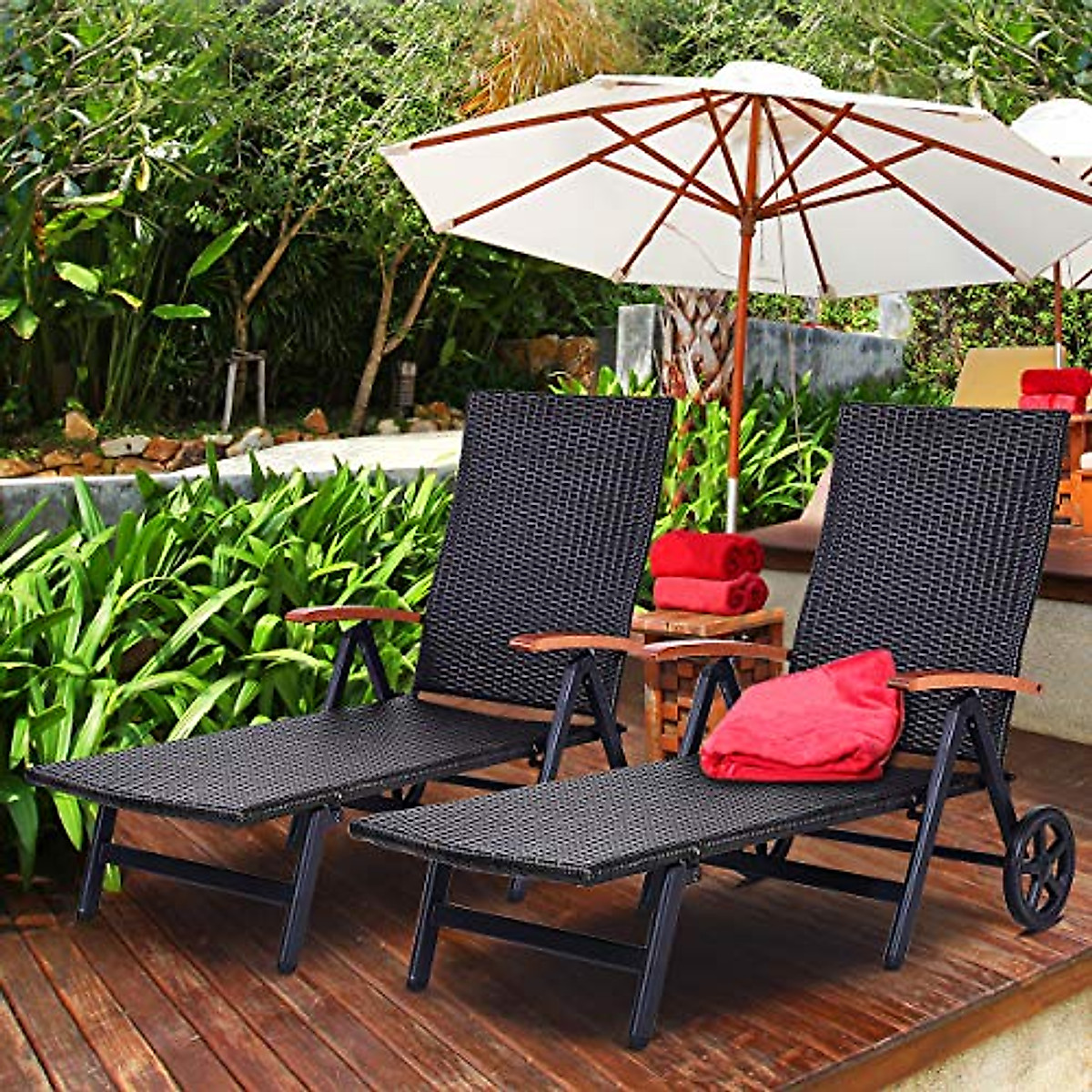 Tangkula Wicker Chaise Folding Back Adjustable Aluminum Rattan Lounger Recliner Chair W/Wheels (Mix Brown)