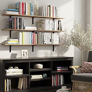 Wallniture Nola 48"x6" Floating Shelves Wall Mounted, Wall Bookshelf Living Room, Rustic Wall Shelves for Bedroom, Floating Shelf for Kitchen & Pantry, Set of 3, Burnt