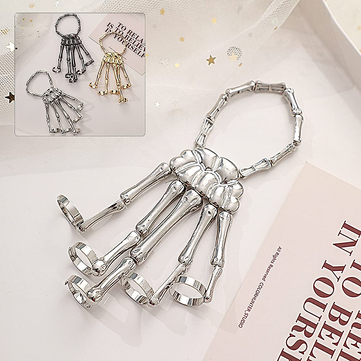 Unique Exaggerate Style Skull Finger Hand Bone Bracelet Punk Handmade Halloween Metal Skeleton Bangle Horror Halloween Goth Ghost Claw Jewelry Ornaments for Women (Antique silver)