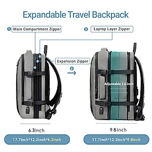 Travel Laptop Backpack, Extra Large 25-40L Expandable Carry On Backpack for Women Men with USB Charging Port, Water Resistant Luggage Computer Backpacks Bag Fits 17.3 Inch Laptop and Notebook,Grey