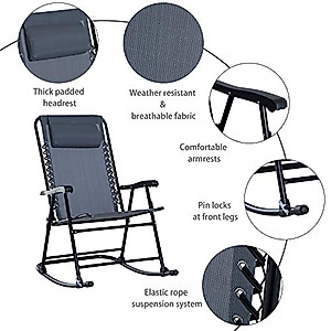 Outsunny 3 Piece Outdoor Rocking Bistro Set, Patio Folding Chair Table Set with Glass Coffee Table for Yard, Patio, Deck, Backyard, Grey