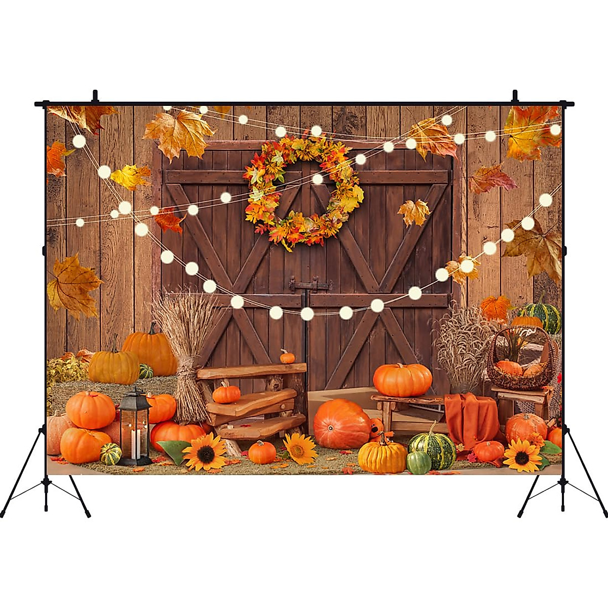 Aperturee 7x5ft Fall Thanksgiving Backdrop Rustic Barn Wood Door Harvest Autumn Pumpkins Maple Rural Door Wreath Decor Photography Background Kids Baby Portrait Party Decor Photoshoot Studio Props