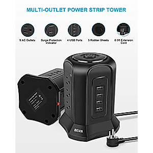 Power Strip Tower Surge Protector, BEVA Surge Protector Tower with 9 AC Outlet and 4 USB Ports, 18AWG 6.5 Feet Extension Cord, 3-Prong Flat Plug, Multiple Outlets for Office Apartment Dorm Essentials