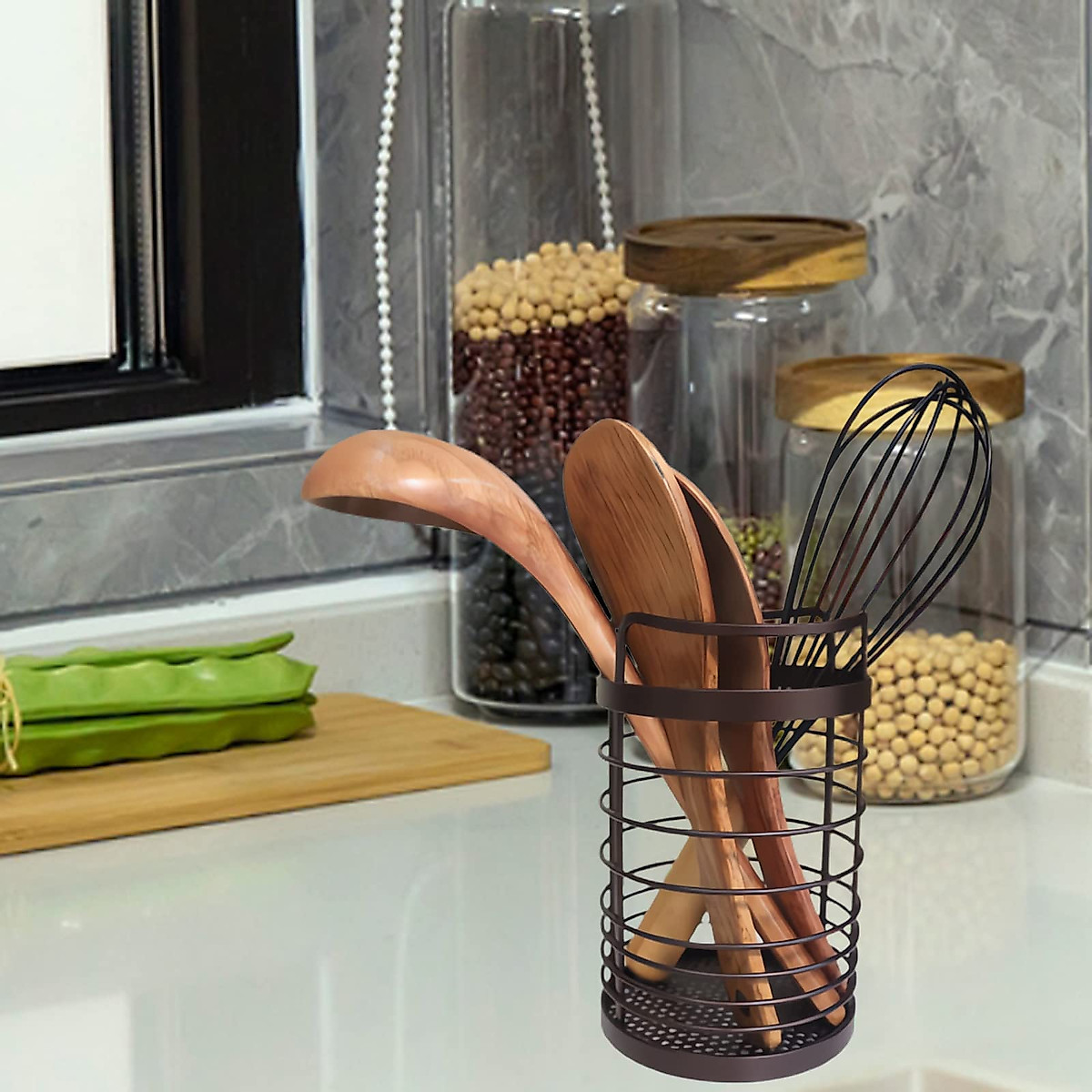 NONAKO Utensil holder for Kitchen Counter - Round kitchen utensil holder for countertop (H6.1” x W3.9”), Utensil Caddy Rustic Cooking Utensil Crock for Kitchen Decor