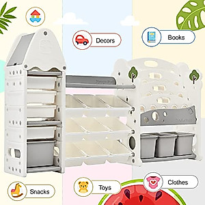 Veemuaro Toy Storage Organizer, Kids Bookcases and Children's Toy Organizer Rack, Kids Toy Box Chest with 17 Storage Bins and 4 Tier Bookshelf for Kids Room, Classroom and Nursery (All-in-One, Gray)