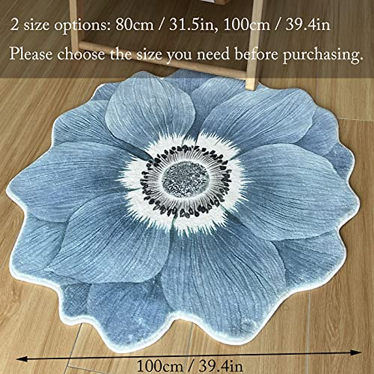 Flower Shaped Rug Round Carpet Trendy Bedroom Rug Non Slip Rug Cute Cozy Bath Mat for Indoor Bedroom Living Room Bathroom Kitchen Floor Mat, Diameter 39.4” Blue