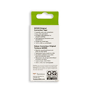 Tombow 68627 MONO Correction Tape, Non-Refillable, 1/6" x 394", White Tape (Pack of 2)
