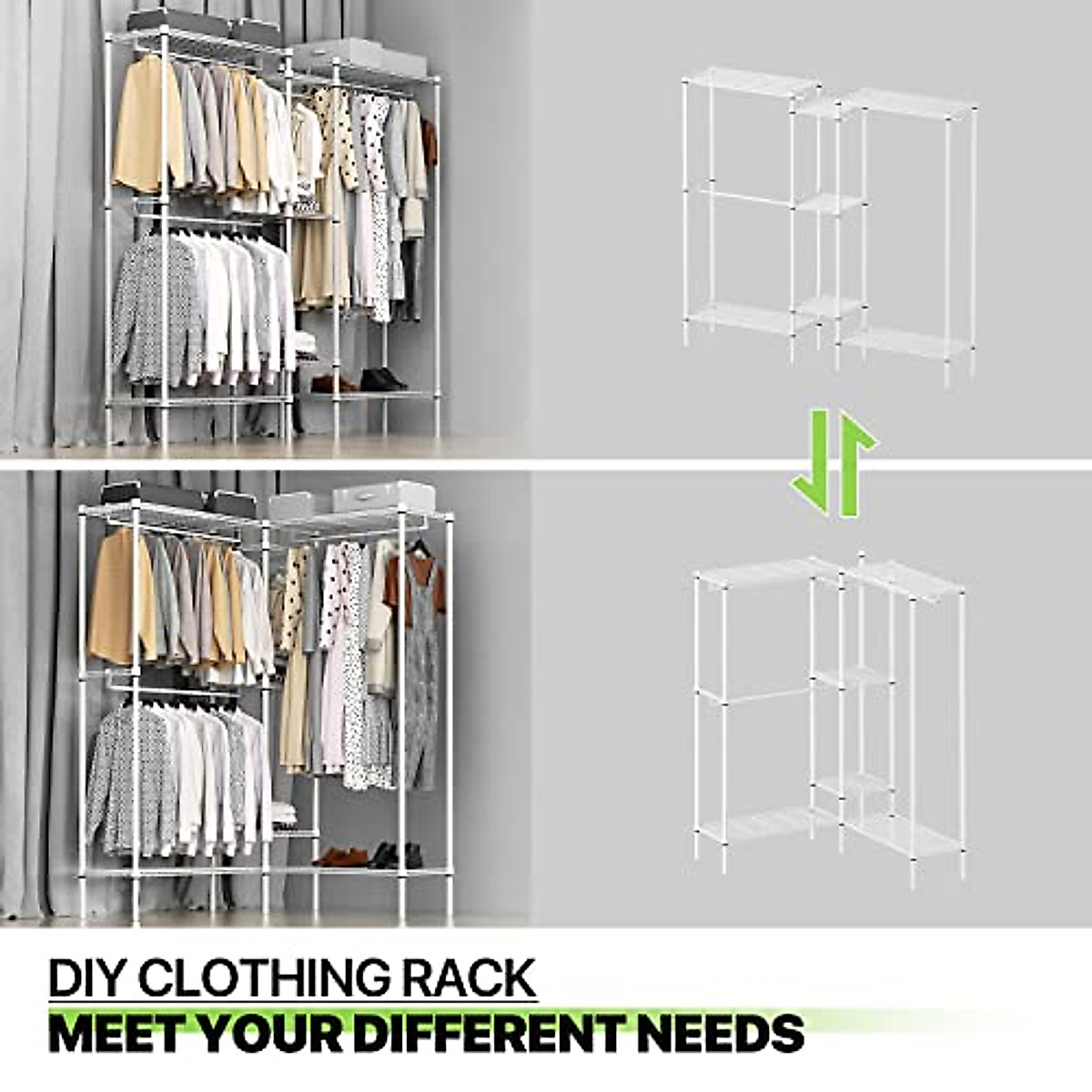 Magshion Portable Closet Wardrobe Heavy Duty Clothes Rack, Freestanding Clothing Rack with 4 Hang Rods and 7 Shelves, Free-Standing Garment Rack for Hanging Clothes, Load 1000lbs,White