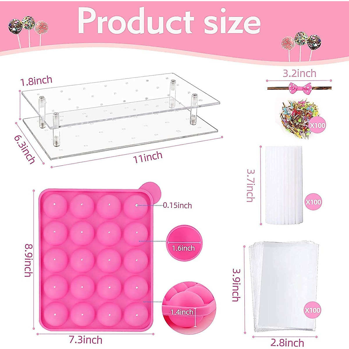 302 Pcs Cake Pop Maker Kit,Subesty Cake Pop Baking Mold with 1 Acrylic Lollipop Holder,1 Silicone Mold Set,100 Pcs Clear Bags,100 Pcs Treat Sticks,100 Pcs Gold bow Ties
