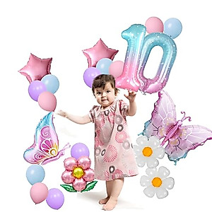 17pcs Girl's Ten Birthday Digital Butterfly Balloon Set Colorful Gradient Pink Butterfly Foil Balloon Giant Number 10 Balloon Flower Party Decorations