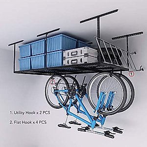 FLEXIMOUNTS 4x8 Overhead Garage Storage Rack w/Hooks Adjustable Ceiling Storage Rack, 96" Length x 48" Width x 40" Height, 22''-40" Ceiling Dropdown, Black