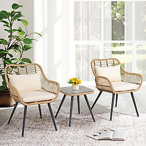JOIVI 3 Piece Outdoor Wicker Conversation Bistro Set, Patio Furniture Rattan Chairs and Square Side Table Set for Porch, Balcony, Poolside, Yard, White Cushion