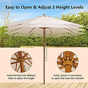 HAPPYGRILL 10 FT Patio Wooden Umbrella Table Market Umbrella with 8 Bamboo Ribs, 3 Adjustable Heights, Rope Pulley Lift, Detachable Pole & Vented Roof, Outdoor Umbrella for Garden Poolside Backyard