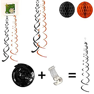 Fecedy Black Orange Happy Birthday Banner Paper Triangle Flag Bunting Circle Confetti Dots Hanging Garland and Honeycomb Ball Swirl Streamers for Birthday Baby Shower Halloween Party Decoration