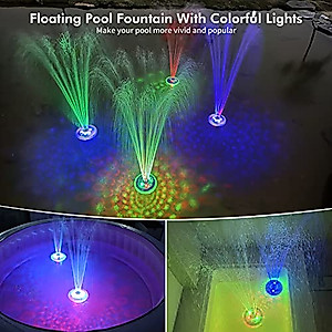Floating Pool Fountain with Underwater Light Show, Rechargeable Battery Powered Pool Fountain, 2 Spray Modes Pool Waterfall Fountain, Waterproof Pool Sprinkler Fountain for Inground Above Ground Pools