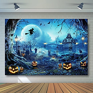 Avezano Halloween Photography Backdrop Full Moon Scary Night Castle Pumpkins Party Background Spooky Witch Bats Cemetery Child Kids Halloween Party Decorations Photoshoot Backdrops (7x5ft, Blue)