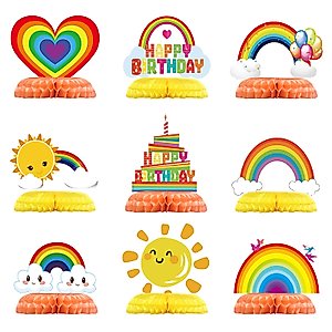 9 Pieces Rainbow Honeycomb Rainbow Party Decorations Cloud Sun Heart Balloon Decor Rainbow Centerpieces for Tables Rainbow Honeycomb Paper Centerpiece for Birthday Baby Shower