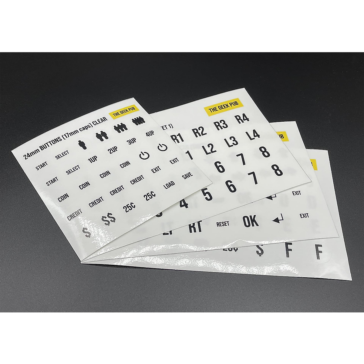 The Geek Pub Die-Cut Arcade Button Labels (No Circle) | Button Label Stickers for Arcade Cabinets | Arcade Button Cap Labels | 24mm and 30mm Button Caps