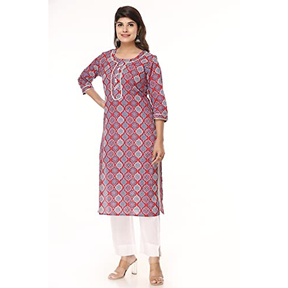 Vihaan IMPEX Indian Kurti Set with White Pant for Women Red