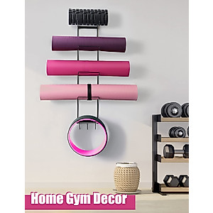 5-Tiers Yoga Mat Holder Wall Mount, Metal Storage Rack for Yoga Mat/Wheels, Foam Roller and Block, Wall Yoga Mat Rack with 3-Hooks for Hanging Stretching Strap, Resistance Bands, Yoga Accessories