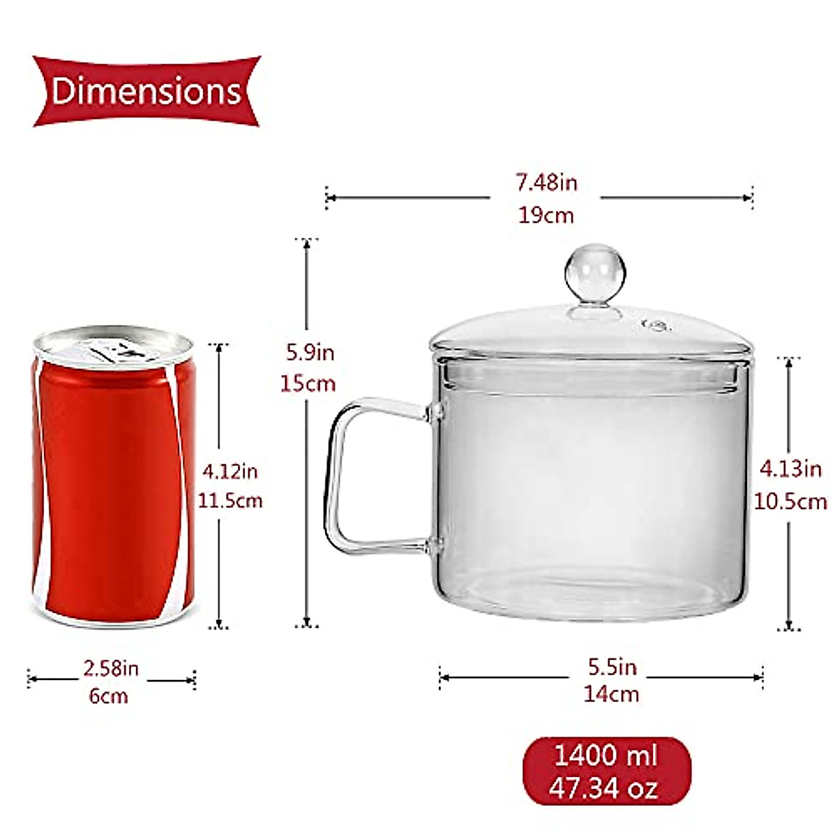 CZFWin Glass Soup Bowl with Lid and Handle, 47 FL OZ Glass Ramen Noodle Bowl Microwave Safe, Clear Glass Simmer Pot for Cooking on Stove