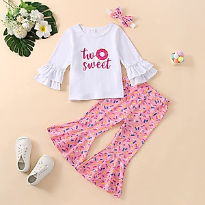 vchoohce Toddler Baby Girl Birthday Outfits Sweet Long Sleeve T-shirt Top Doughnut Bell-Bottoms Pants Headband 3Pcs Clothes Set (Long Sleeve-B Sweet Two,2-3T)