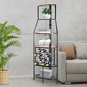 HAPPCUCOE 5 Tier Freestanding Corner Wine Rack,Kitchen Corner Shelf with Glass Holder,Storage Shelf,Storage Organizer for Home Kitchen Dining Room (Brown)
