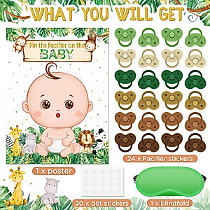 Faccito Pin the Pacifier on Baby Game Safari Jungle Baby Shower Game with Sage Green Animals Baby Poster Blindfold and 24 Pacifier Stickers for Baby Shower Birthday Party Decorations Supplies