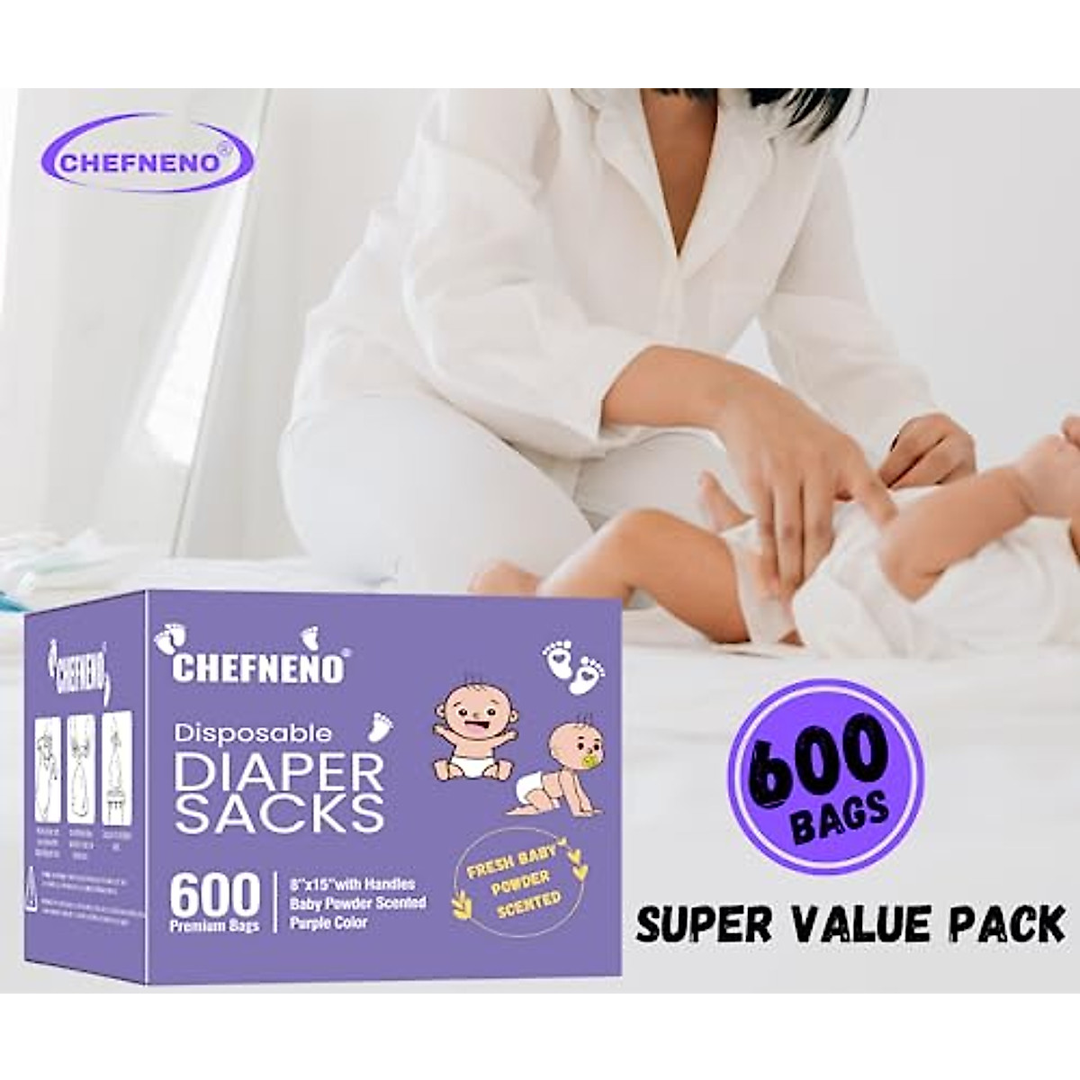 Baby Diaper Bag Disposable (600 Count) Fresh Baby Powder Scented Easy Tie Handles Bulk Diaper Sacks Disposable Dog Poop Waste Bags Cat Litter Clump & Poop Bags Sanitary Pad Waste Bags (600 Bags)