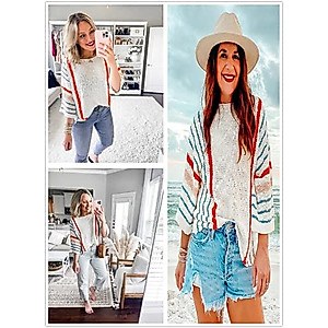 Dokotoo Womens Ladies Cute Casual Summer Fall 2023 Crewneck Color Block Striped Wide Bell 3/4 Sleeve Oversized Baggy Lightweight Comfy Cozy Cable Knit Beach Pullover Sweaters for Women Tops Shirts XL