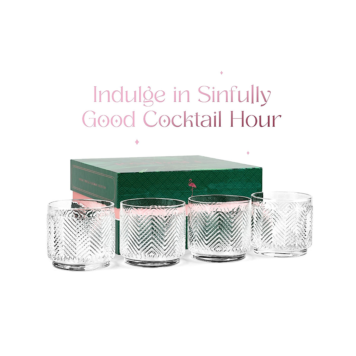 Vintage Flamingo Lowball Cocktail Glasses for Drinking Gin, Rum, Vodka, Whiskey Bar Drinks | Set of 4 | 11 oz Stackable Thick Crystal Short Tumblers | Tropical Glassware Collection