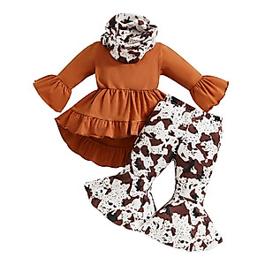 Emmababy Toddler Baby Girl Clothes Long Sleeve Cow Print OutfitT-Shirt + Flare Pants Bell-Bottom Tie Dye Leggings Set 0-4T (3PCS brown, 12-18 Months)