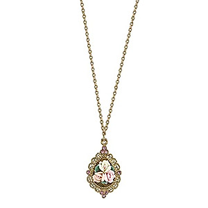 1928 Jewelry Pink Crystal And Ivory And Pink Porcelain Rose Pendant Necklace For Women 16" + 3" Extender