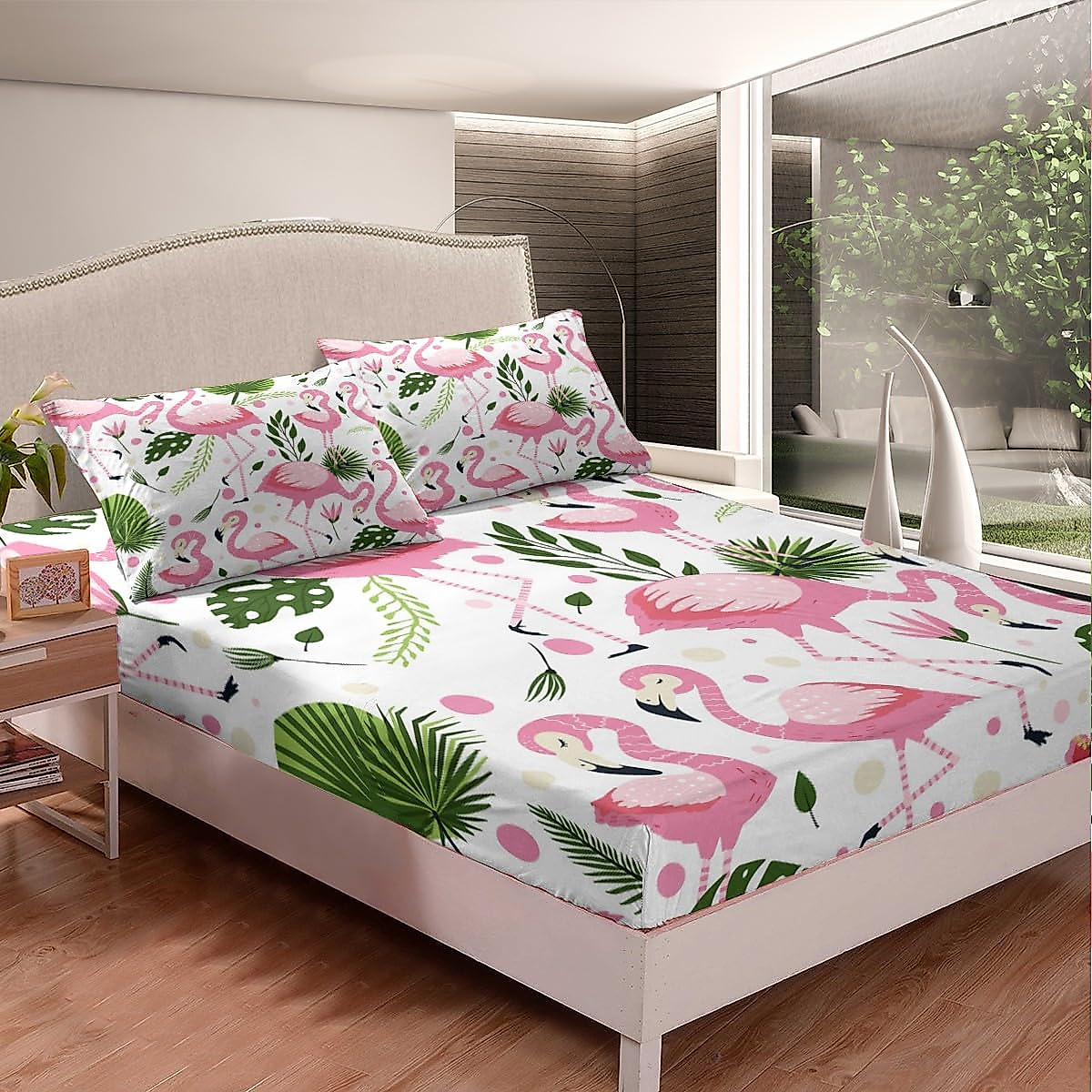 Feelyou Flamingo Bed Sheets Set Twin Size, Pink Flamingo Sheet Set for Kids Tropical Flamingo Pattern Sheets with Deep Pocket Fitted Sheet Plam Leaf Bedding Set Microfiber Bed Set