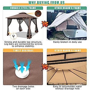 COBIZI 10x10 Gazebos on Clearance, Outdoor Gazebo with Mosquito Netting and Double Roof, Metal Gazebo with Steel Frame, Easy Set Water-Resistant Patio Gazebo for Gardens, Lawns & Backyard, Brown