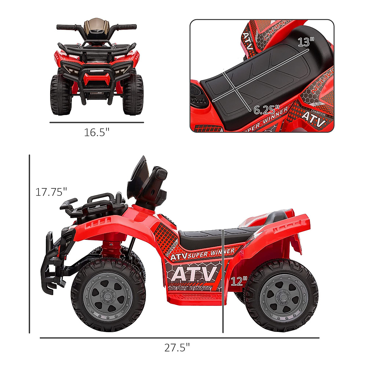 Aosom Kids ATV Four Wheeler Ride on Car, Motorized Quad, 6V Battery Powered Electric Quad with Songs for 18-36 Months, Red