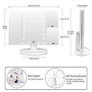 WEILY Tabletop Mount Makeup Mirror with 21 LED Lights,Two Power Supply, Touch Screen and 1x/2x/3x Magnification Tri-Fold Vanity Mirror, Gift for Women(White)