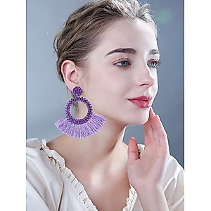 Handmade Bohemian Tassel Crystal Statement Drop Dangle Earrings for Women Hoop Fringe Lightweight Ear Jewelry Summer Accessories (Purple)