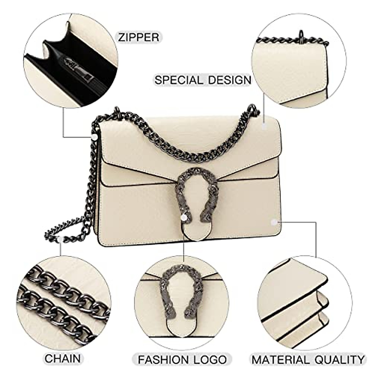 GLOD JORLEE Trendy Chain Crossbody Shoulder Bags for Women - Luxury Leather Satchel Bag Evening Clutch Purse Handbags (001-off white)