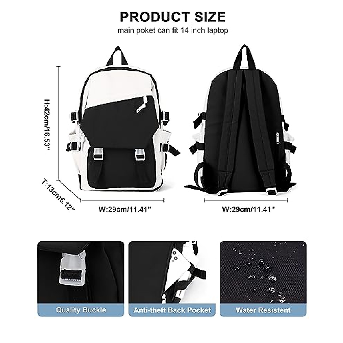coowoz School Bag Lightweight Casual Daypack College Laptop Backpack for Men Women Water Resistant Travel Rucksack for Sports High School Middle Bookbag for girls(Black white)