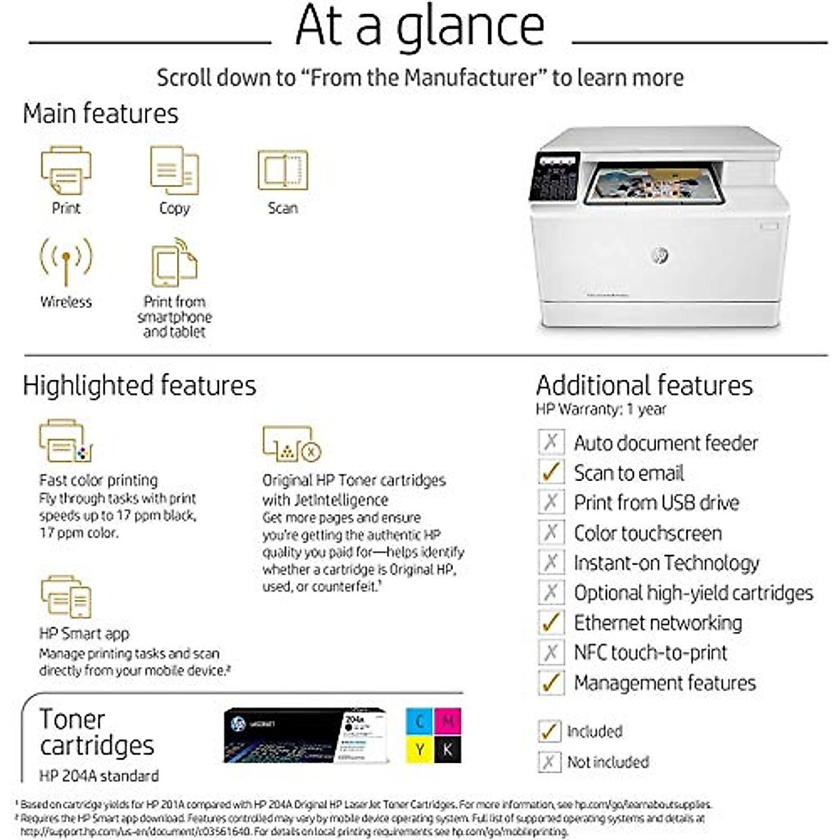 HP Color Laserjet Pro M180nw All-in-One Wireless Color Laser Printer, Mobile Printing & Built-in Ethernet, Works with Alexa (T6B74A)
