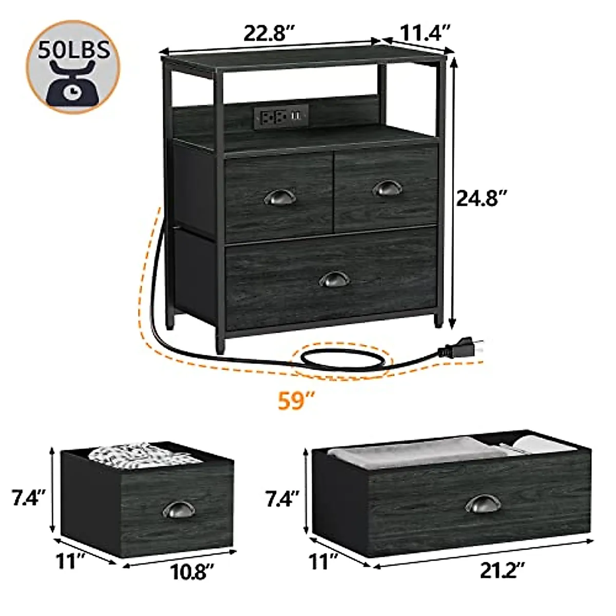 Furnulem Nightstand with Charging Station, Wide Bedside Tables with USB Ports & Power Outlets, 3 Drawer Side Table with Storage Shelf for Bedroom, Living Room, End Table, Black Oak